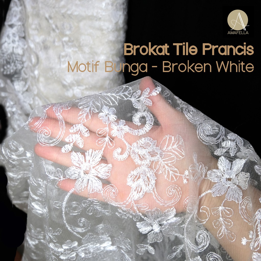 Jual 1/2 meter Kain Brokat Tile Prancis Motif Bunga Broken White ...