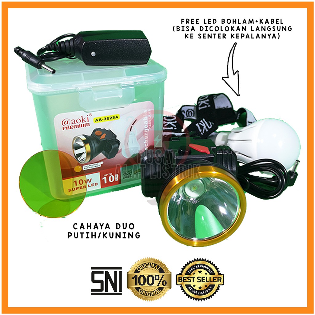 Jual SENTER KEPALA 10W + LED BOHLAM KABEL BISA DI CHARGE AOKI 3628 HEAD ...