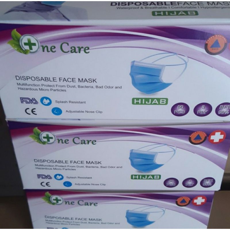 Jual MASKER ONE CARE HEADLOOP/HIJAB impor 3 Ply 1 BOX ISI 50PCS ...