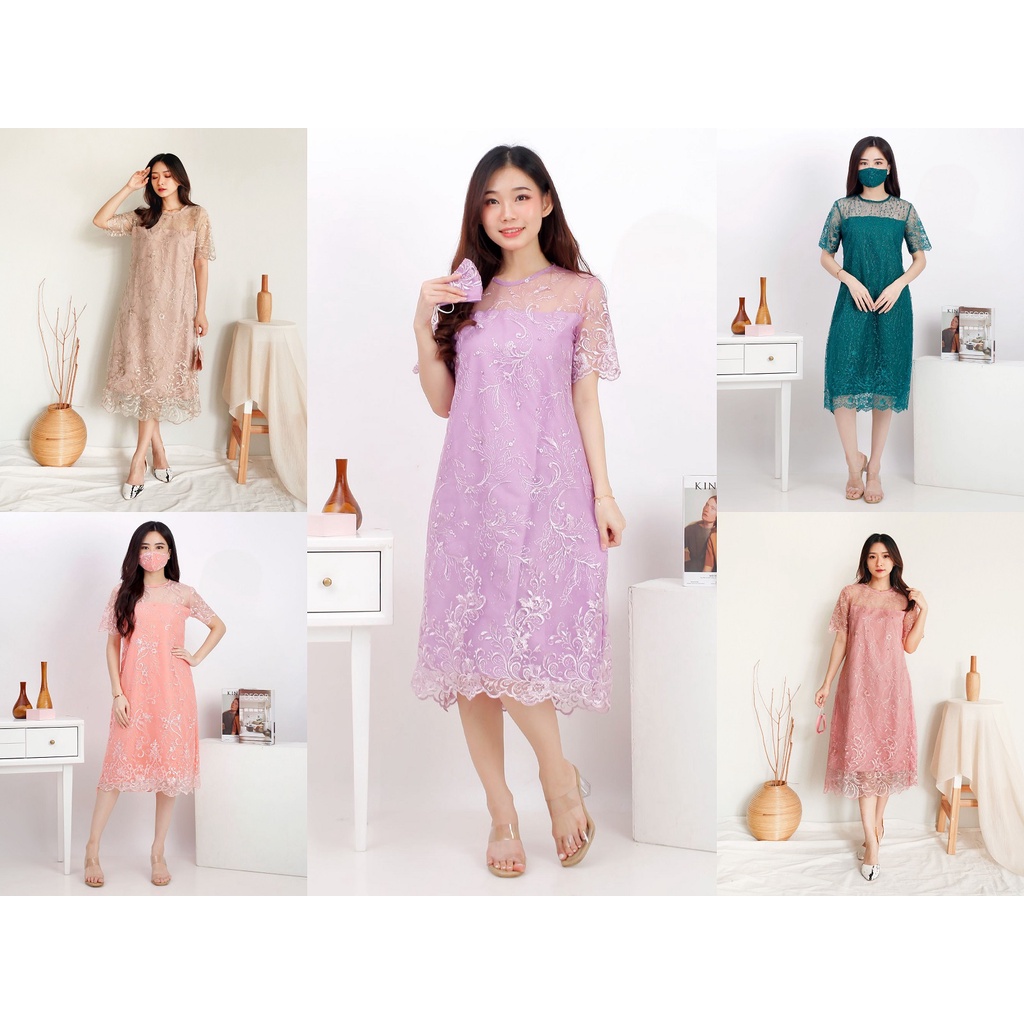 Jual Midi Dress Pesta Kondngan Brukat Tile ALENA / Dres Gereja Ibadah Bridesmaid Tille Bordir ...