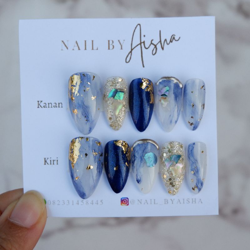 Jual nail by aisha | stiletto fake nails blue metalic | custom ukuran ...