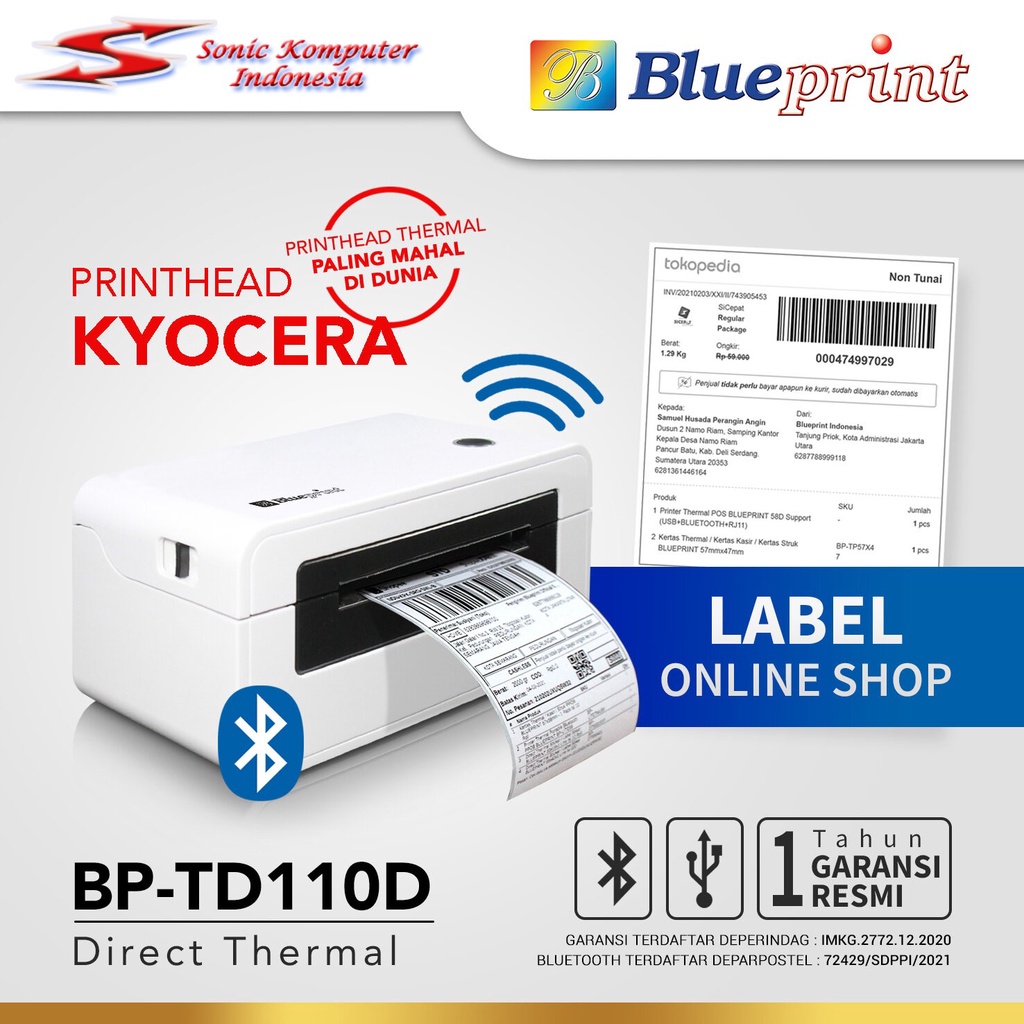Jual Printer Barcode Thermal Blueprint TD110D Bluetooth USB Label Resi Pengiriman A6 BP-TD110D ...