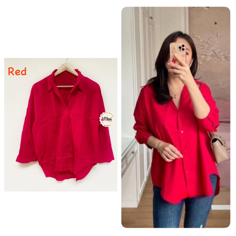 Jual Kemeja wanita oversize merah / baju merah kemerdekaan 17 agustus ...