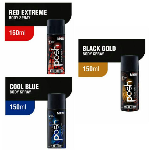 Jual Posh Men Body Spray Perfumed Red Extreme, Cool Blue, Black Gold ...