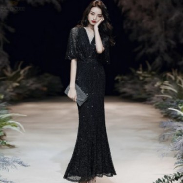 Jual Gaun prom evening dress hitam V-neck party dresses | Shopee Indonesia