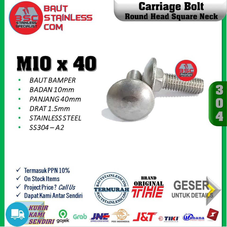 Jual CARRIAGE BOLT BAUT BEMPER PAYUNG STAINLESS SS304 A2 M10X40 | Shopee Indonesia