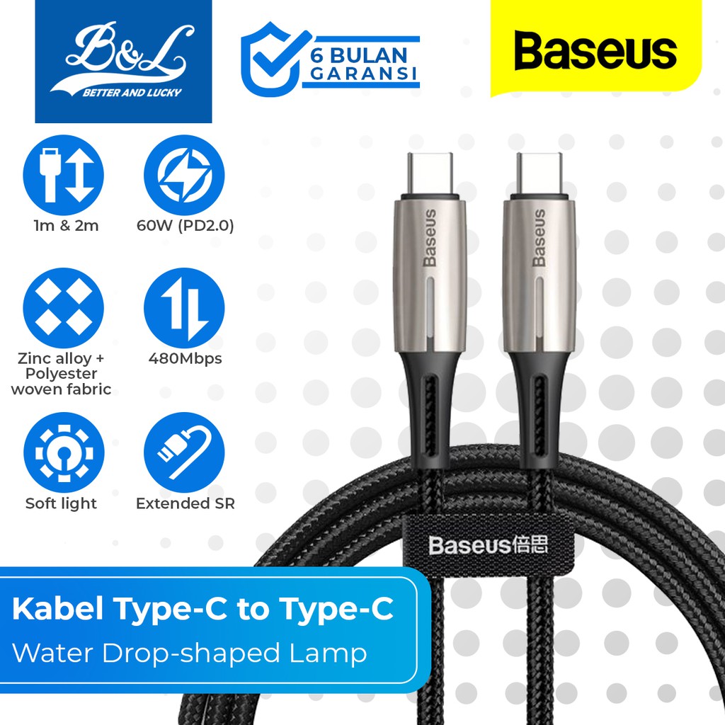 Jual BASEUS Kabel Data Type-C to Type-C WATER DROP-SHAPED LAMP 60W QC3 ...
