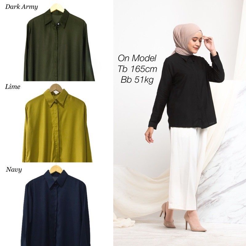Jual Atasan Kemeja Wanita Casual Polos Lengan Panjang Tangan Skoder ...