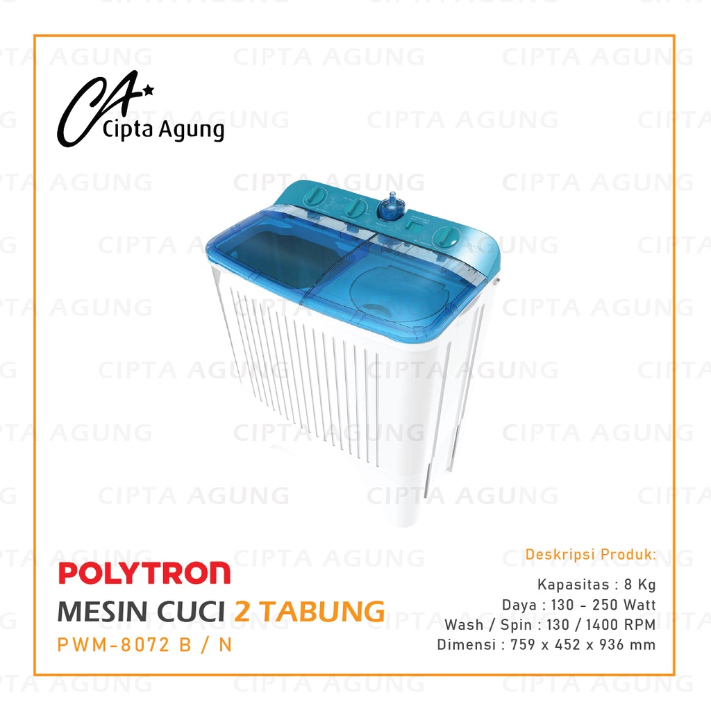 Jual MESIN CUCI 2 TABUNG 8 KG POLYTRON PRIMADONA SAMBA PWM 8072 PWM ...