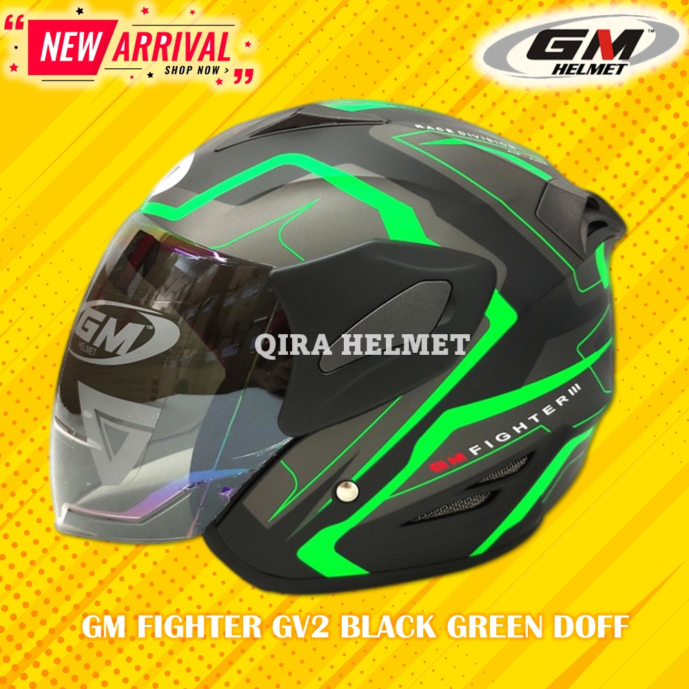 Jual Helm GM Fighter GV2 Black Green Doff Half Face Motor SNI Helem Dewasa Pria Wanita Helmet ...