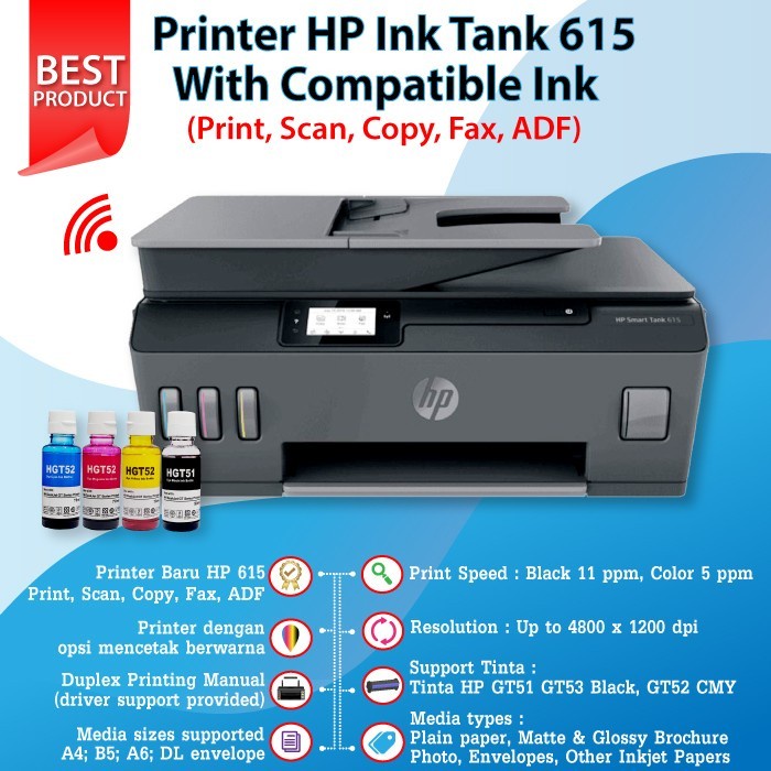 Jual Printer HP Smart Ink Tank 615 WiFi Print Scan Copy Fax ADF ...