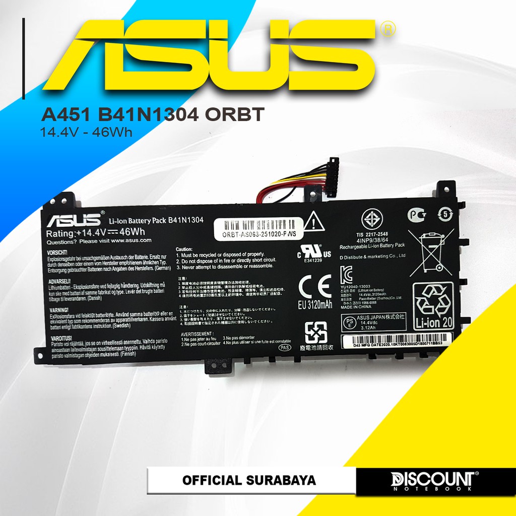 Jual ORIGINAL BATTERY LAPTOP ASUS VivoBook A451, V451 (B41N1304) (4 CELL) | Shopee Indonesia