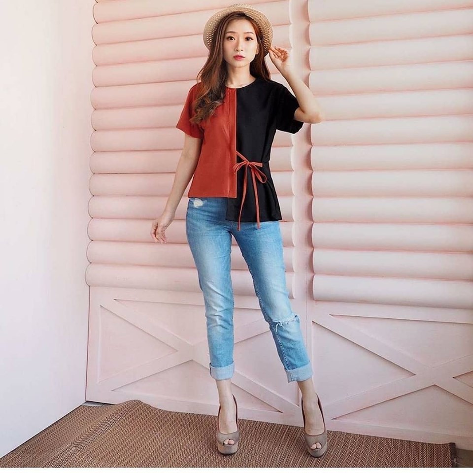 Jual Blouse tangan pendek two tone polos asimetris Ecl 32 Noriko ...