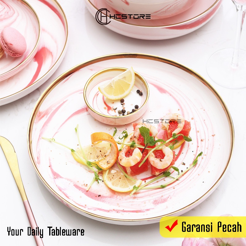 Jual Piring Steak Marble Pink List Gold ukuran 25 cm kwalitas premium ...