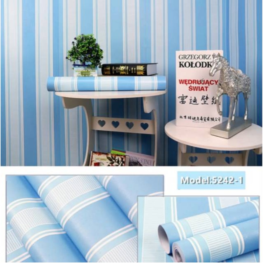 Jual Wallpaper Dinding Motif Salur Garis Biru Garis 10m X 45cm Shopee