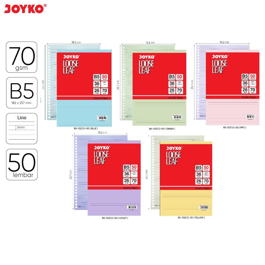 Jual Joyko Kertas Isi Binder Warna B5 50 lembar / Loose Leaf Color B5-102CO | Shopee Indonesia