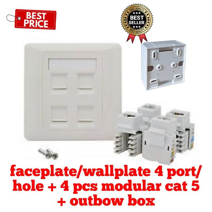 Jual faceplate/wallplate UTP/RJ45/LAN 4 port/hole+modular+outbow box ...