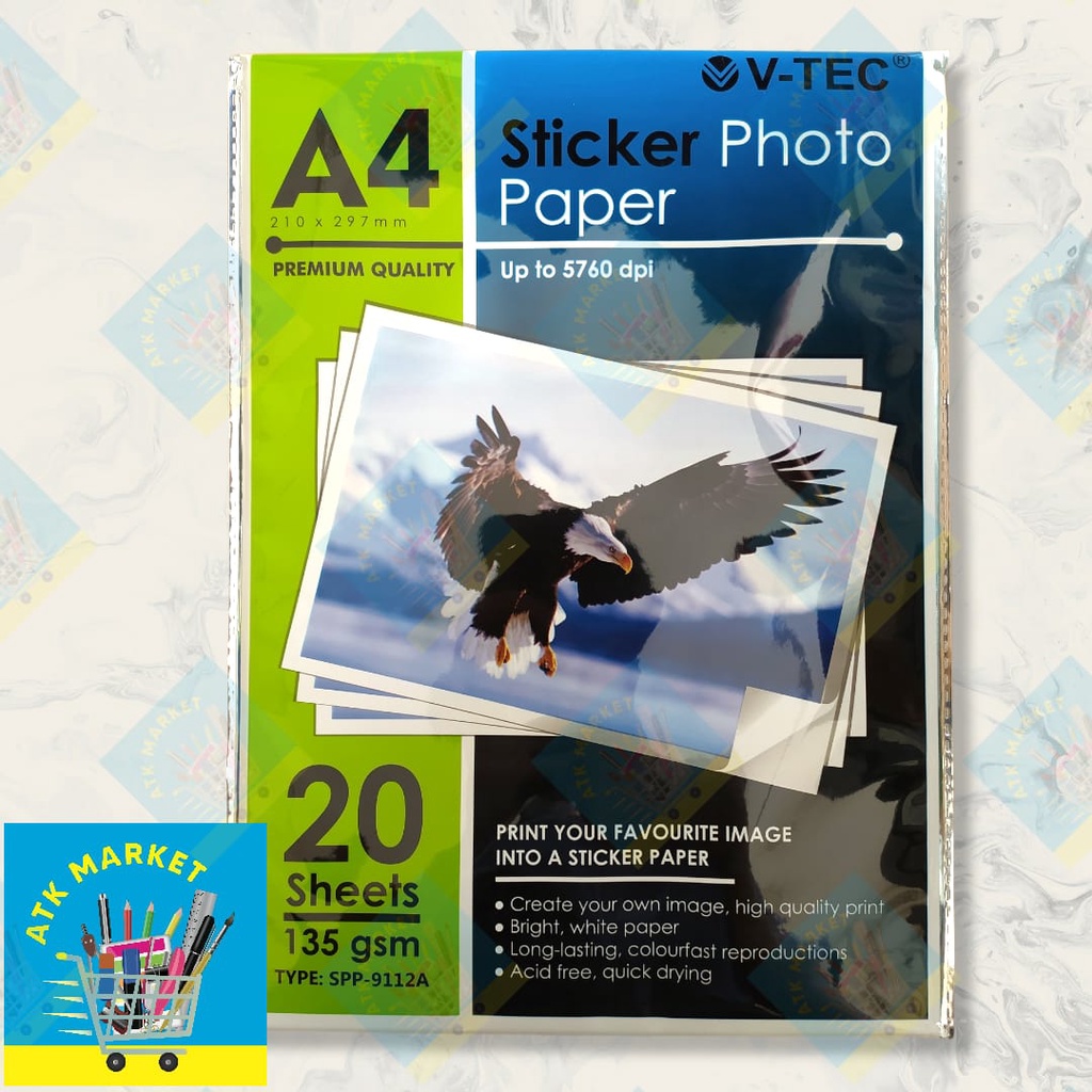 Jual (1 PACK = 20 LMBR) Kertas Stiker Photo Paper Vtec A4 135 gsm ...
