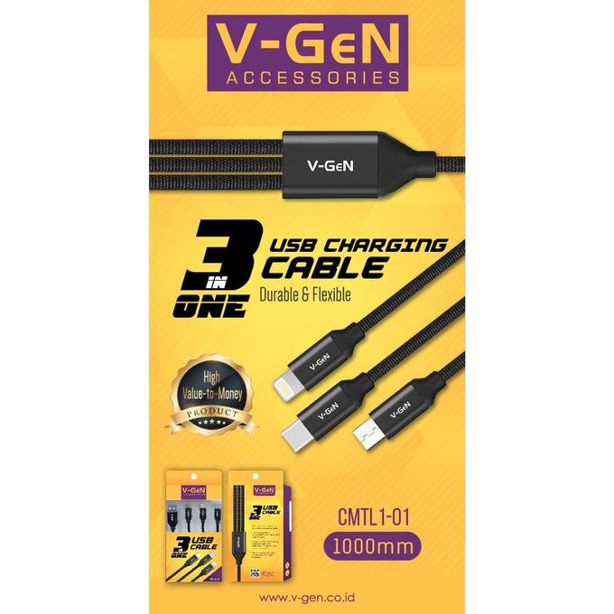 Jual KABEL 3 IN 1 MICROUSB TYPE C LIGHTNING V-GEN CMTL1-01 2.4A VGEN ...