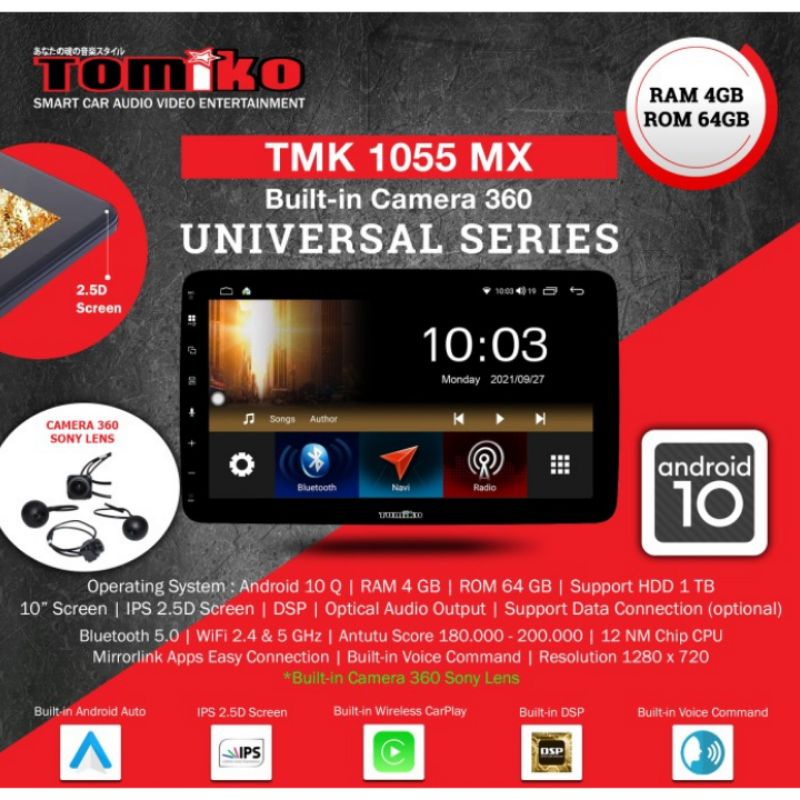Jual Head Unit Android Tomiko Universal TMK 1055 MX Built-in Camera 360 | Shopee Indonesia