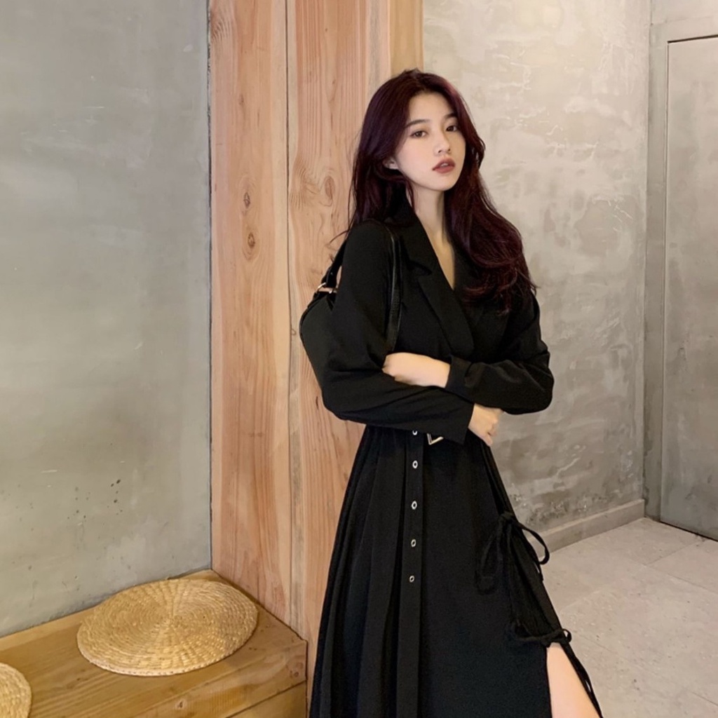 Jual gaun gaya korea Royal sister Hepburn suit kerah gaun hitam dengan ...
