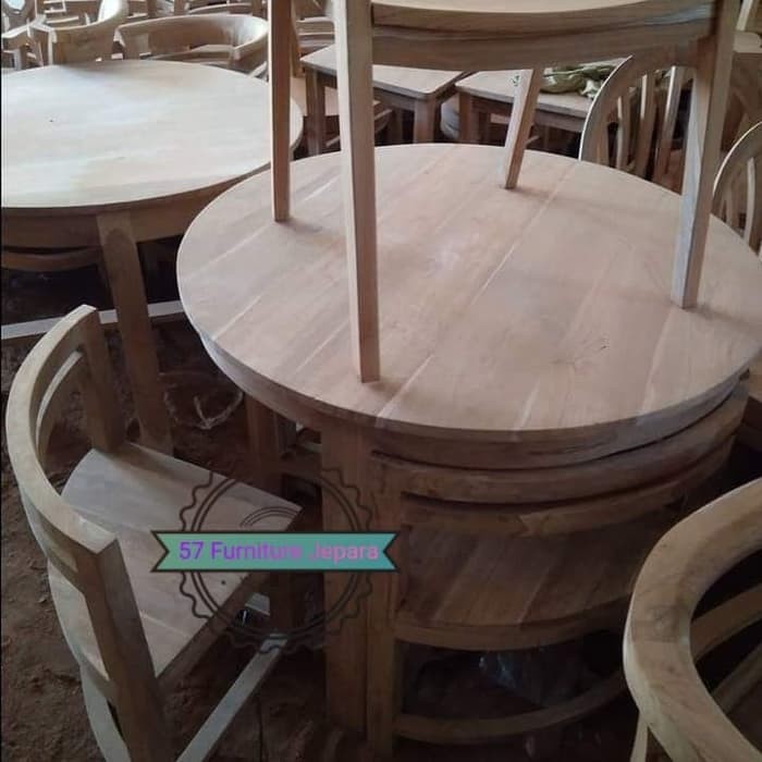 Jual Meja makan cafe bundar model unik kayu jati mentahan kursi 4 | Shopee Indonesia