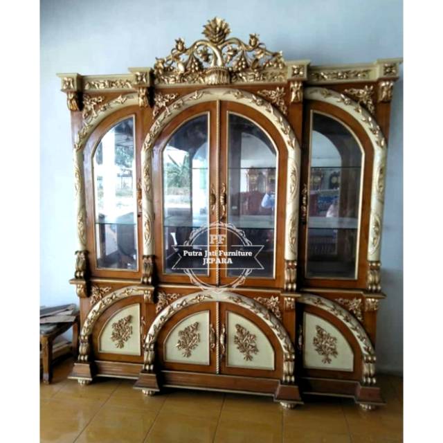Jual Lemari Pajangan Kayu Jati Almari Sekat Pemisah Ruangan Rak Lemari Kaca Ukir Jepara