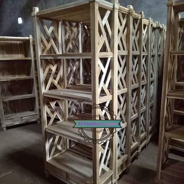Jual Rak buku kayu jati mentahan tempat boneka tas hias motif silang ...