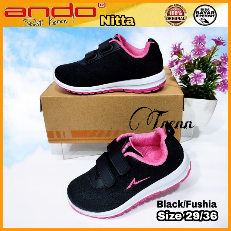Jual ANDO Sepatu Sekolah Anak Cewek Tk Paud Hitam Pink Perekat Tempel Tanpa Tali Black Fhusia ...