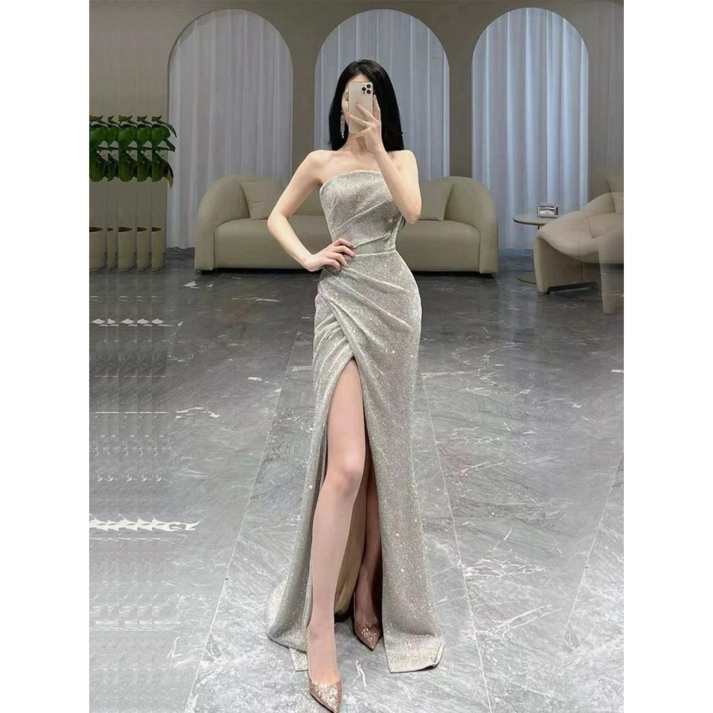 Jual Gaun prewedding Sexy Grey Split Fishtail Show Host Costume Bridal ...