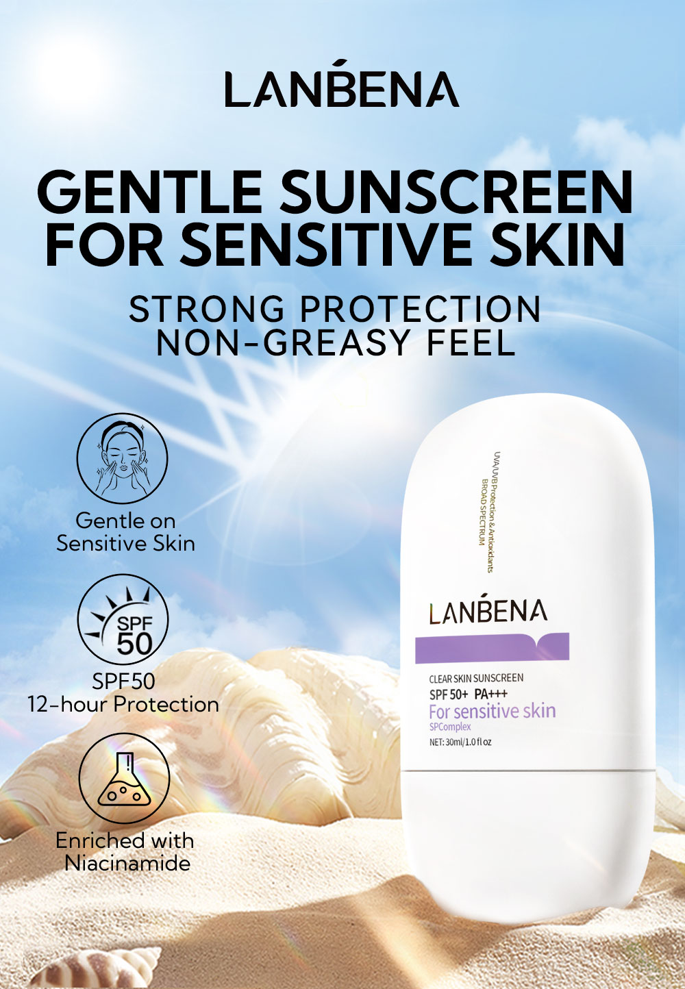 Jual LANBENA UV Sunscreen Niacinamide Serum Whitening Soothing Sunblock ...