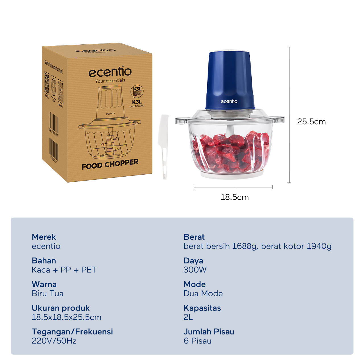 Jual ecentio chopper blender kaca multifungsi 2 liter 6 helai gigi baja ...