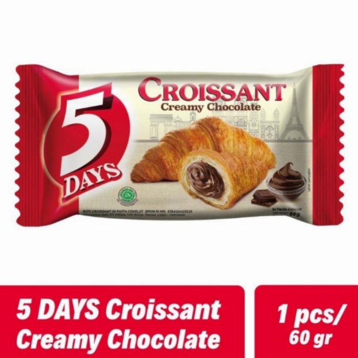 Jual 5 days croissant Creamy Chocolate 60gr roti isi selai coklat murah ...
