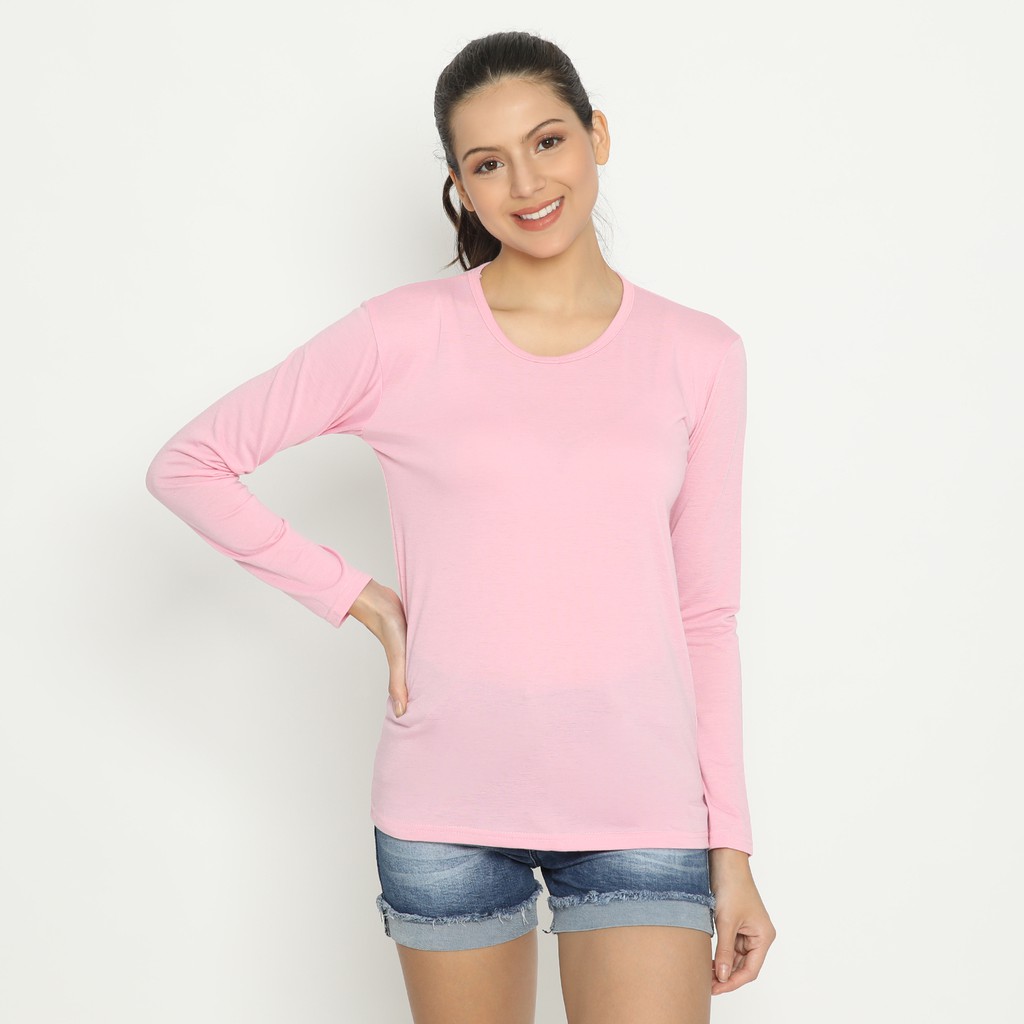 Jual AMORNINGSHIRT - KAOS WANITA POLOS ONECK TANGAN PANJANG PINK SUSU ...