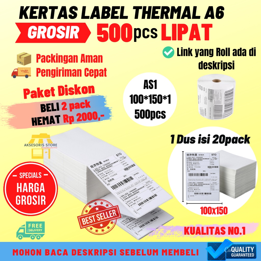 Jual KERTAS THERMAL LABEL STICKER BARCODE 500PCS LIPAT UKURAN A6 100X150 | Shopee Indonesia