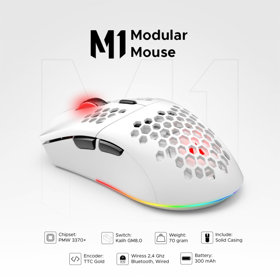 Jual Mouse Gaming Noir M1 Modular RGB White | Wireless Sensor PMW330+ Kailh GM8.0 Switches ...