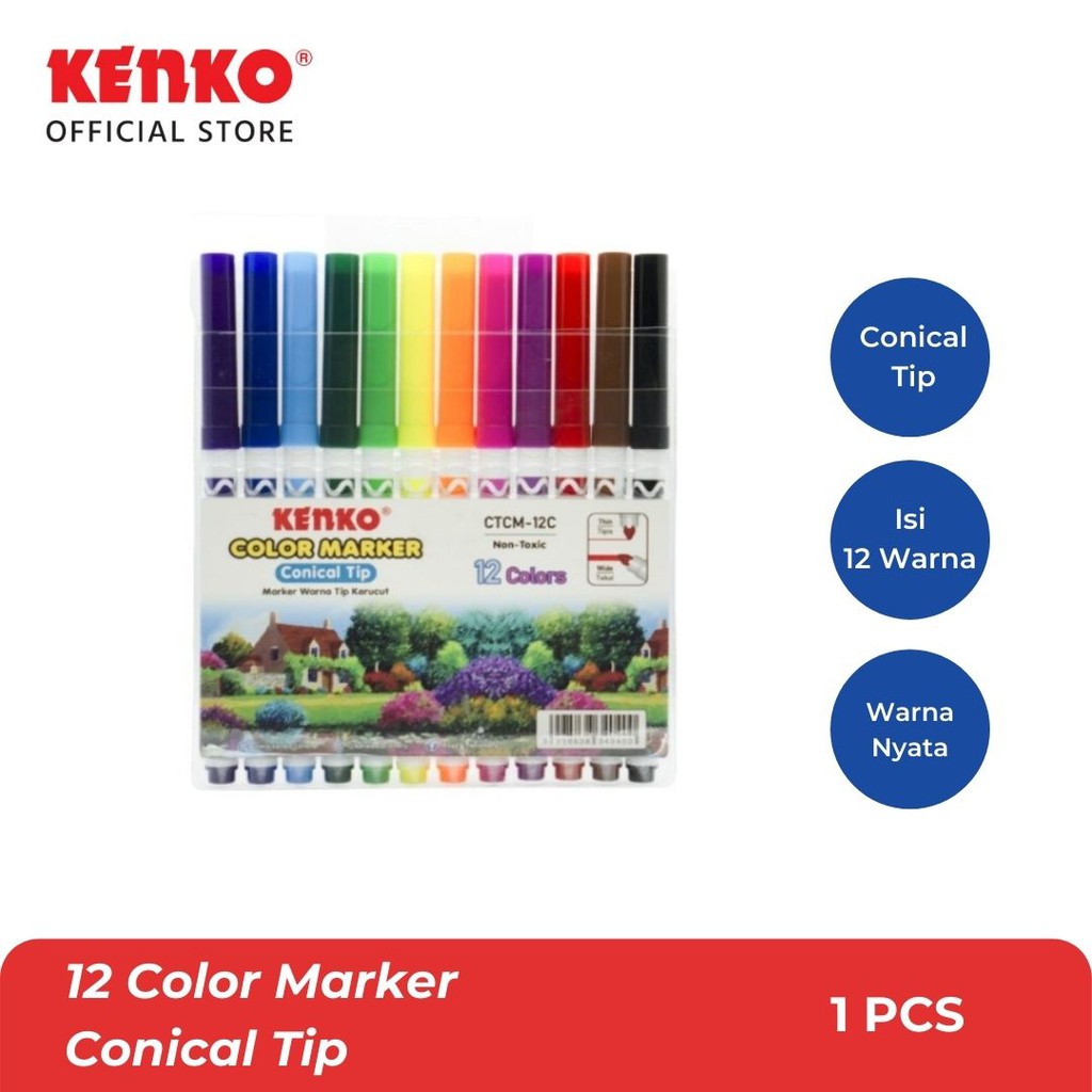 Jual KENKO 12 COLOR MARKER / Spidol Warna / Spidol Lettering CONICAL ...