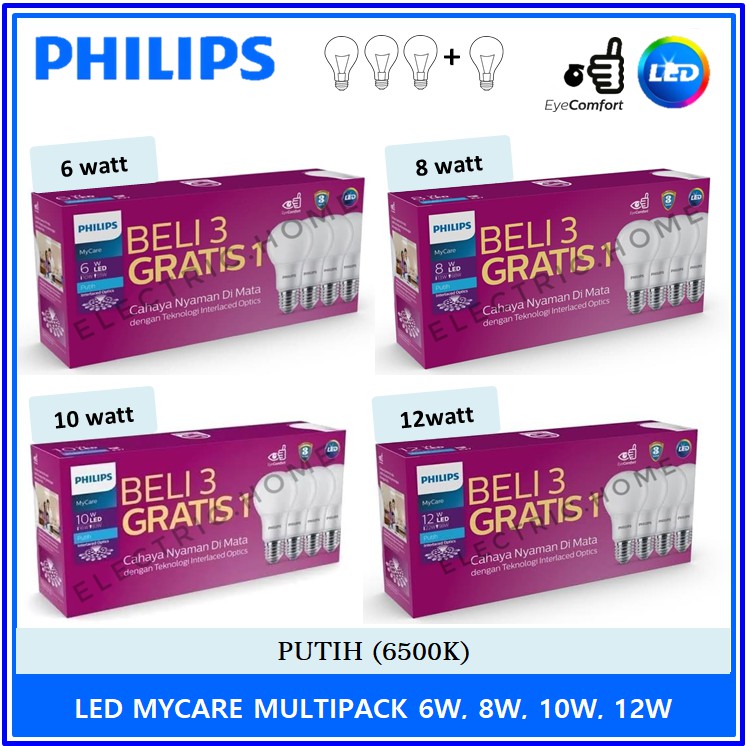 Jual Philips MultiPack MyCare Led Bulb 6W 8W 10W 12W Putih (Paket Lampu Isi 4 LEDBulb) | Shopee ...