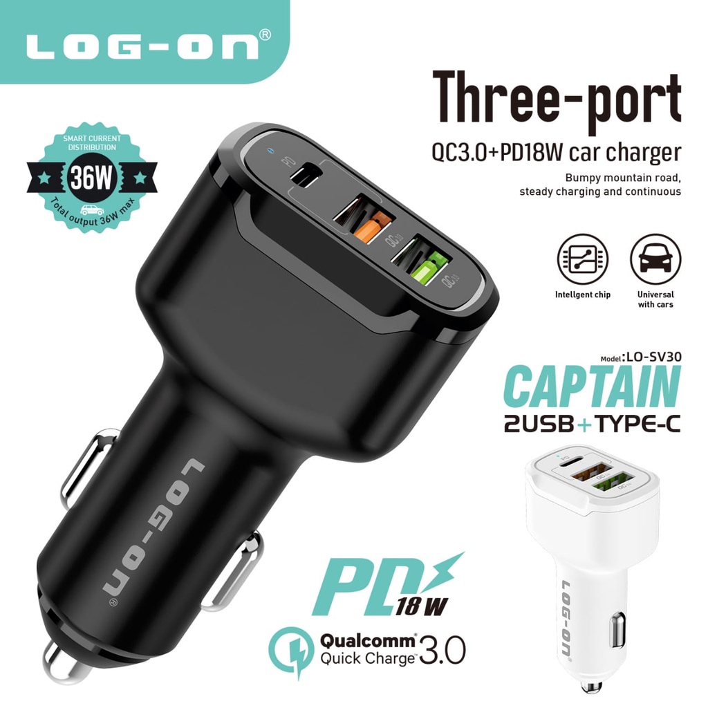 Jual LOG ON CAR CHARGER 3PORT USB LO-SV30 PD+QC3.0 (KEPALA CHARGER ...