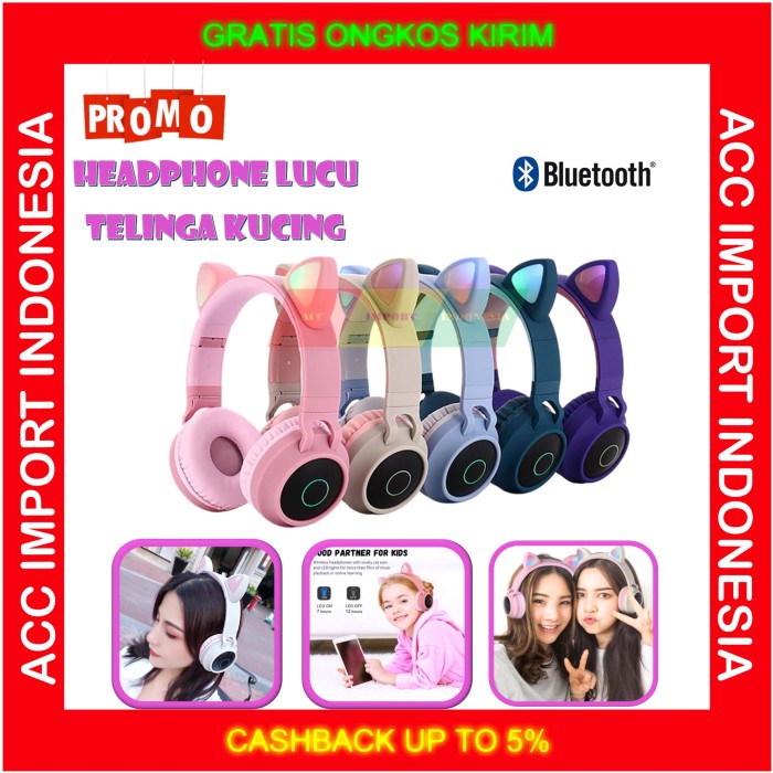 Jual Headphone Headset Belajar Anak Pink Lucu Cat Ear FM Microphone Aux ...