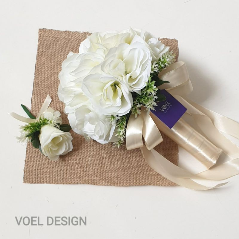 Jual bunga pernikahan size M + corsage + pita wedding handbouquet bunga ...