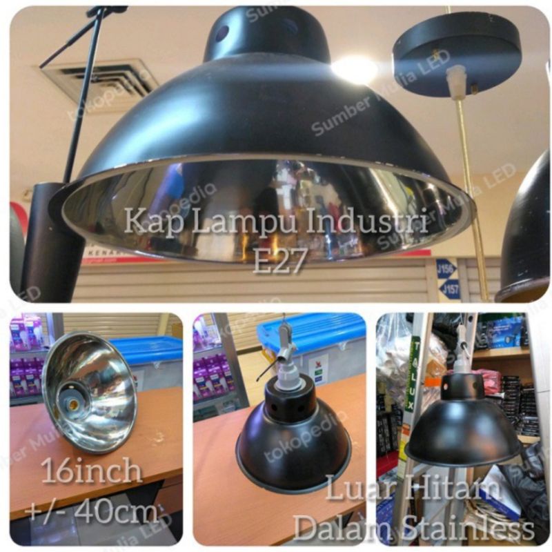 Jual Kap Lampu Gantung Industri Hitam Stainless Fitting E27 40Cm 16" 16 in | Shopee Indonesia
