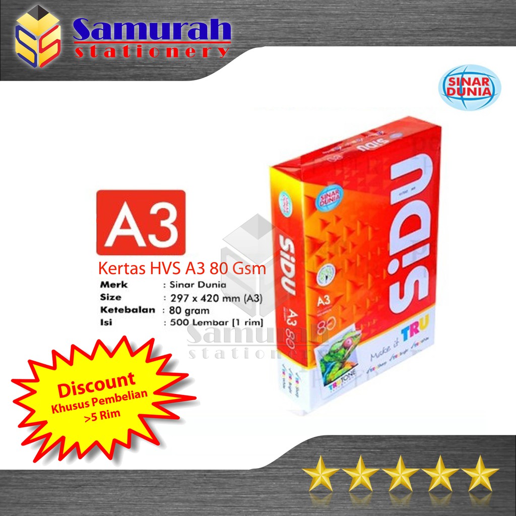 Jual Kertas HVS Sinar Dunia A3 80 Gsm / HVS Sidu A3 80 Gram / Kertas Print Kantor HVS Putih Sidu ...