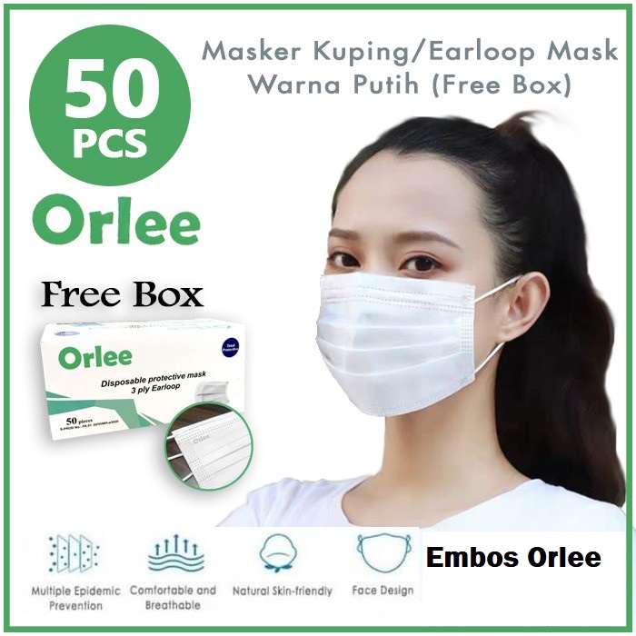 Jual Masker 3 Ply Putih White Orlee Medis 3ply Earloop Kemenkes 3ply