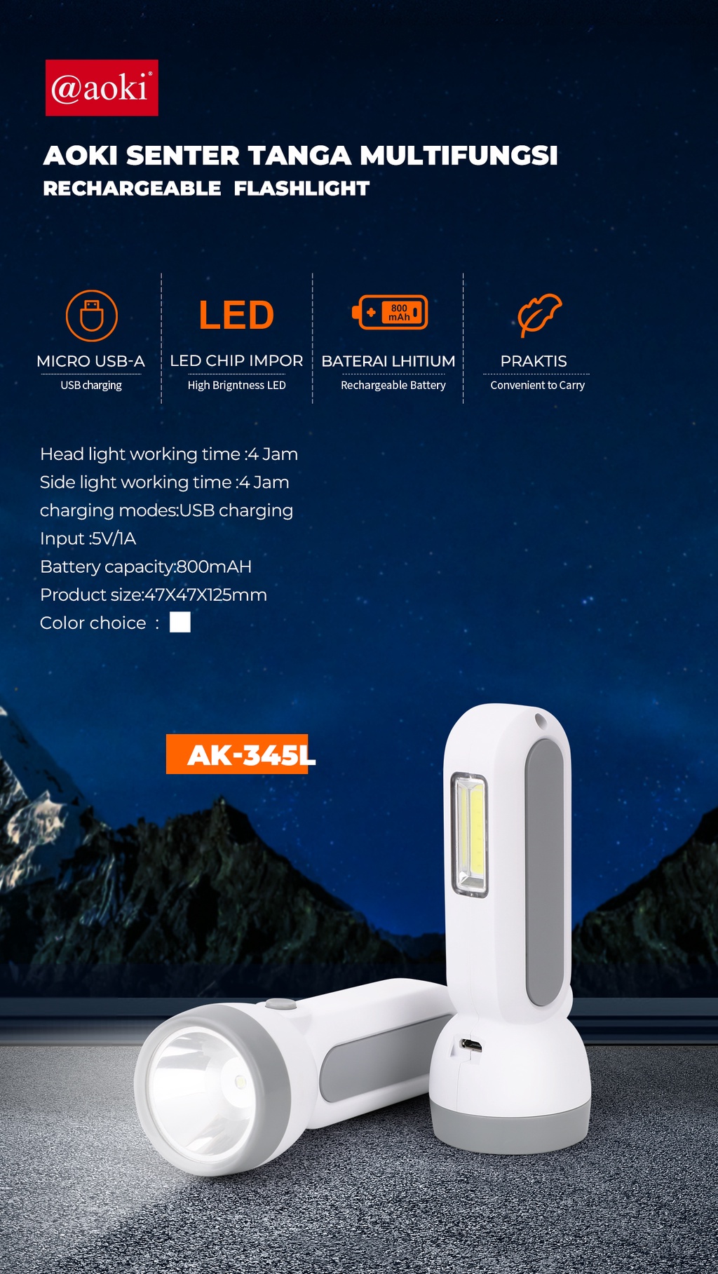 Jual AOKI Senter tangan mulftifungsi USB charger baterai lhitium praktis tahan hingga 4Jam Led ...