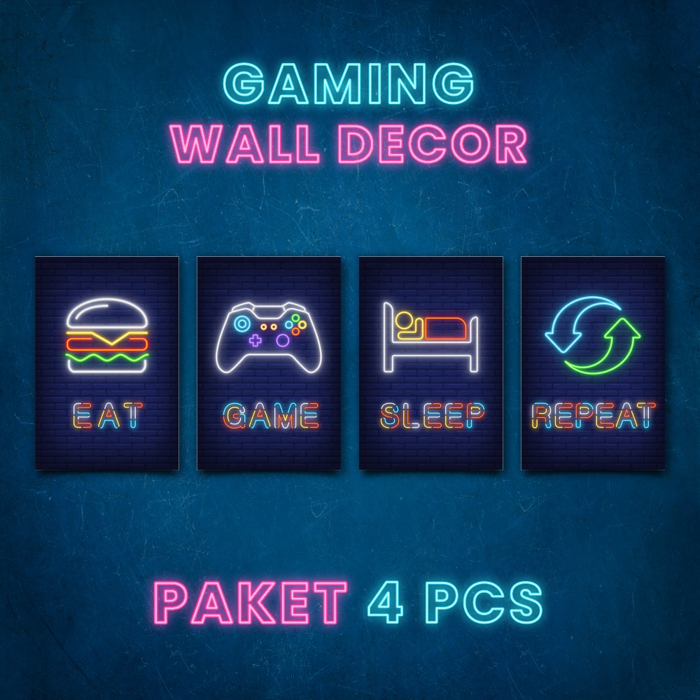 Jual Dekorasi Hiasan Pajangan Dinding Neon Gaming 4 Panel Bingkai ...