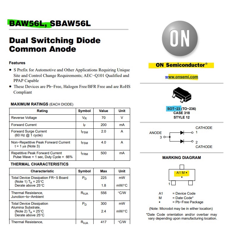Jual BAW56LT1G BAW56 A1 Dual Switching Diode Common Anode SOT-23 onsemi original | Shopee Indonesia