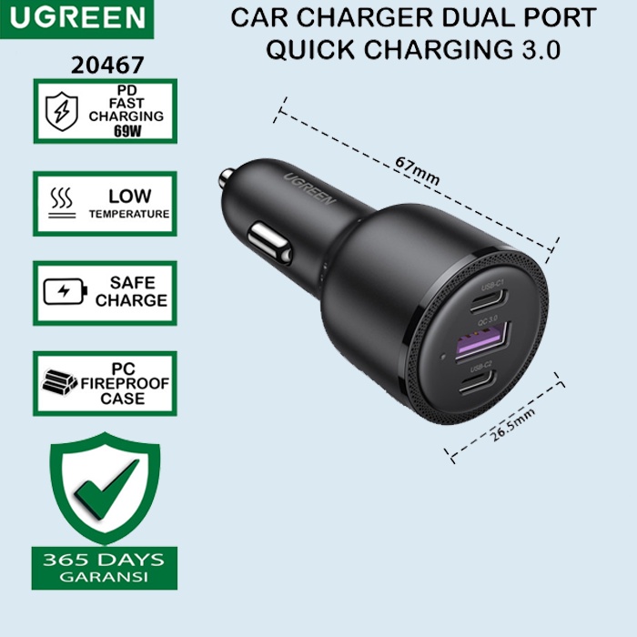 Jual Ugreen Kepala Adaptor Car Charger Mobil 3 Port USB Adapter Output ...