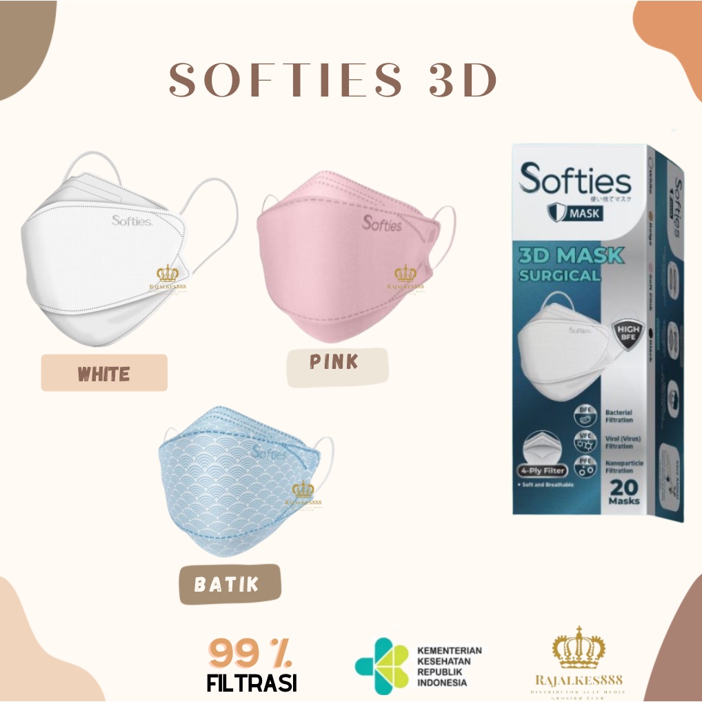 Jual SOFTIES 3D MASK SURGICAL EARLOOP 4 PLY ISI 20PC WARNA PUTIH ...
