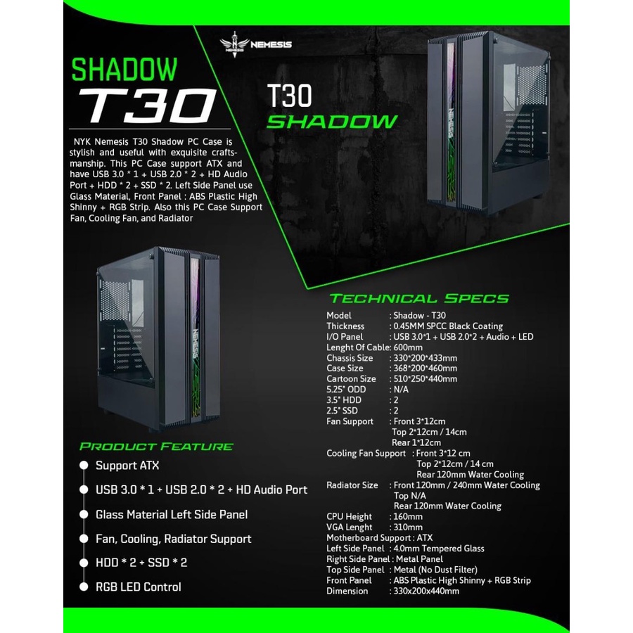 Jual NYK Nemesis Casing Komputer Gaming T30 Shadow include 1Fan - PC Case | Shopee Indonesia